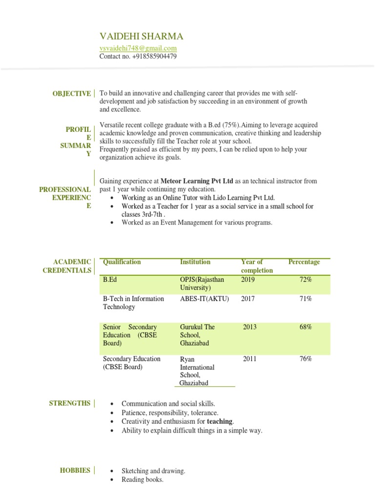 Resume of Vaidehi Sharma seeking a Teacher position with demonstrated qualifications, experience ...