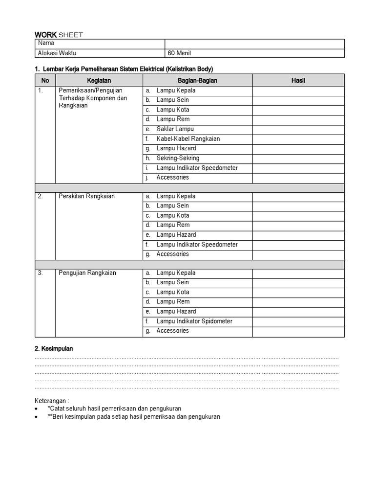 Work Sheet Kelistrikan | PDF