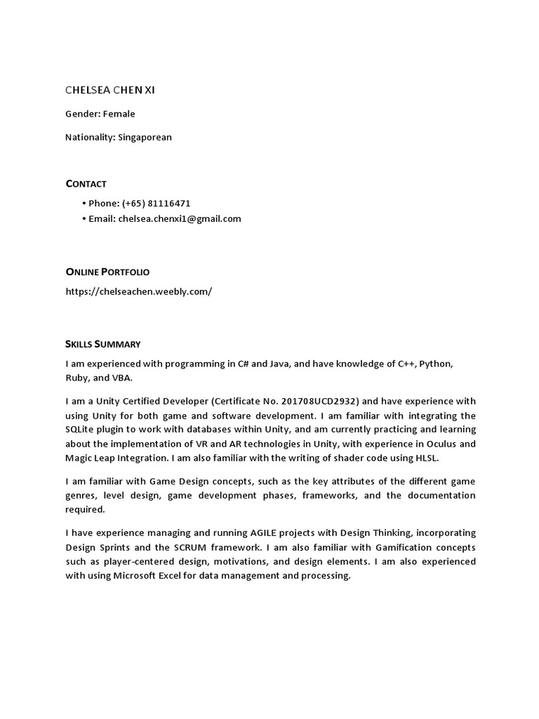 CV - Chelsea Chen Xi | PDF | Unity (Game Engine) | Application Software