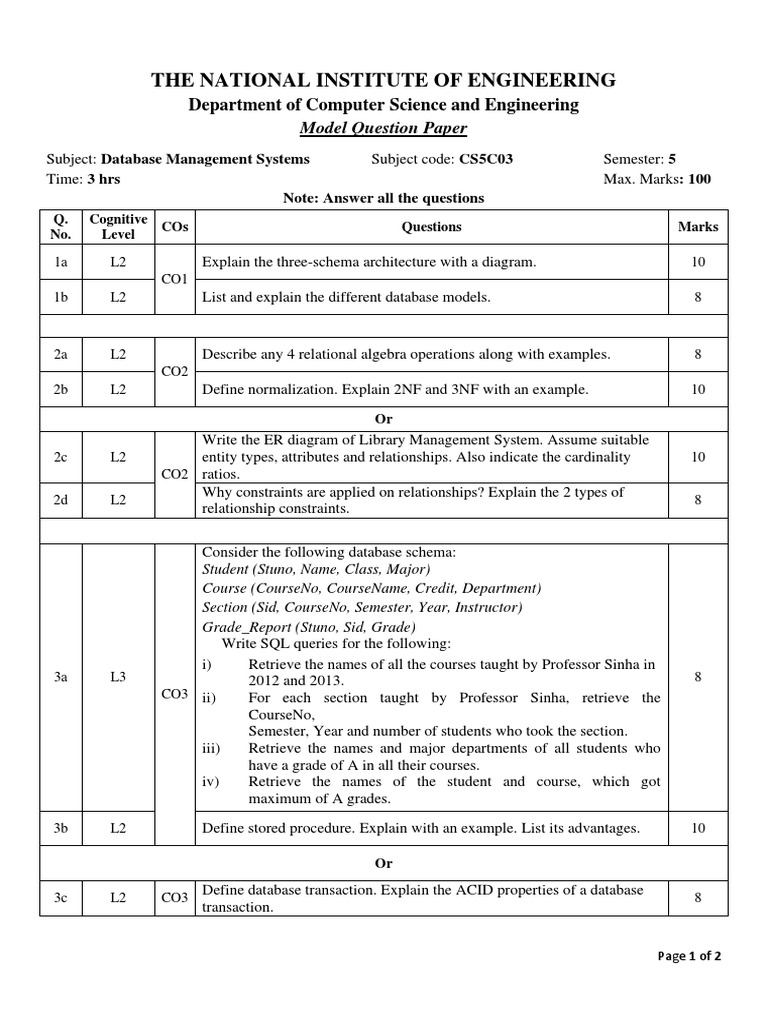 Model Question Paper of Data Base Management System | PDF | Relational ...