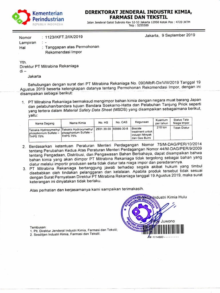 Surat Rekomendasi DJIK (Kementerian Peridustrian) | PDF