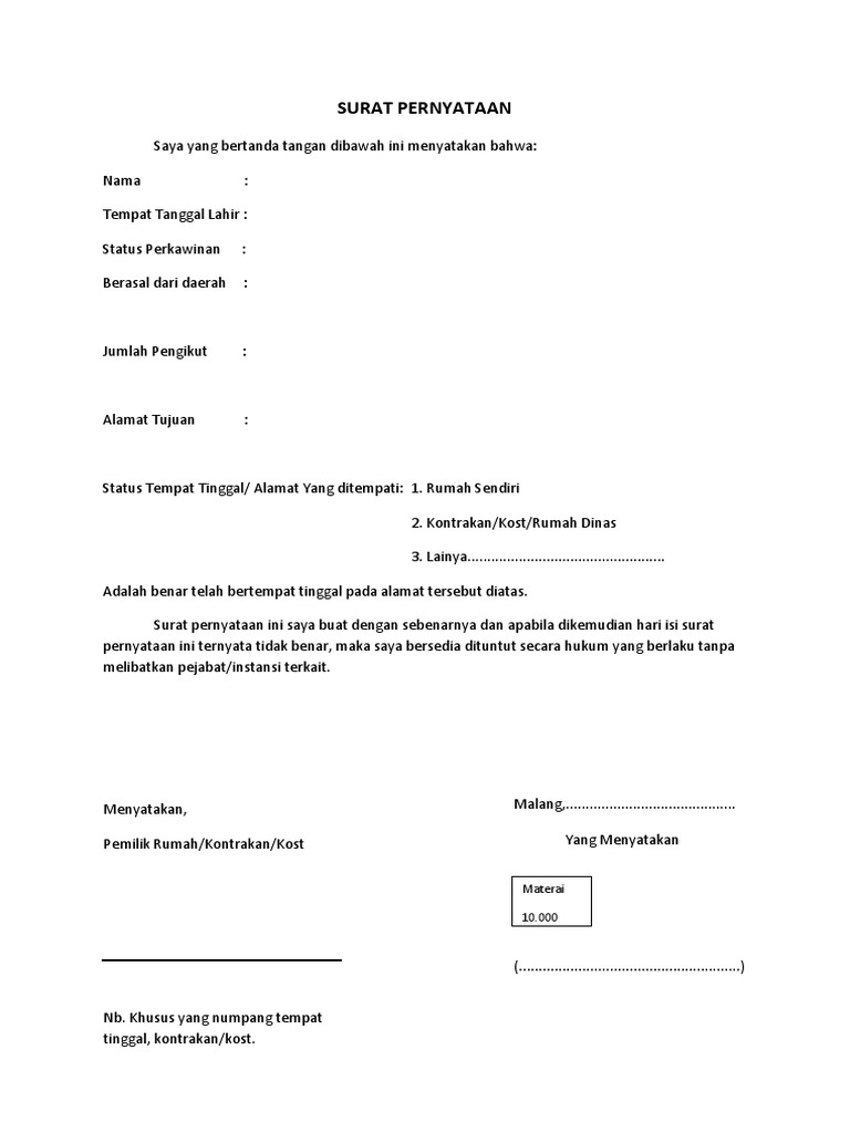 Surat Pernyataan Tempat Tinggal | PDF