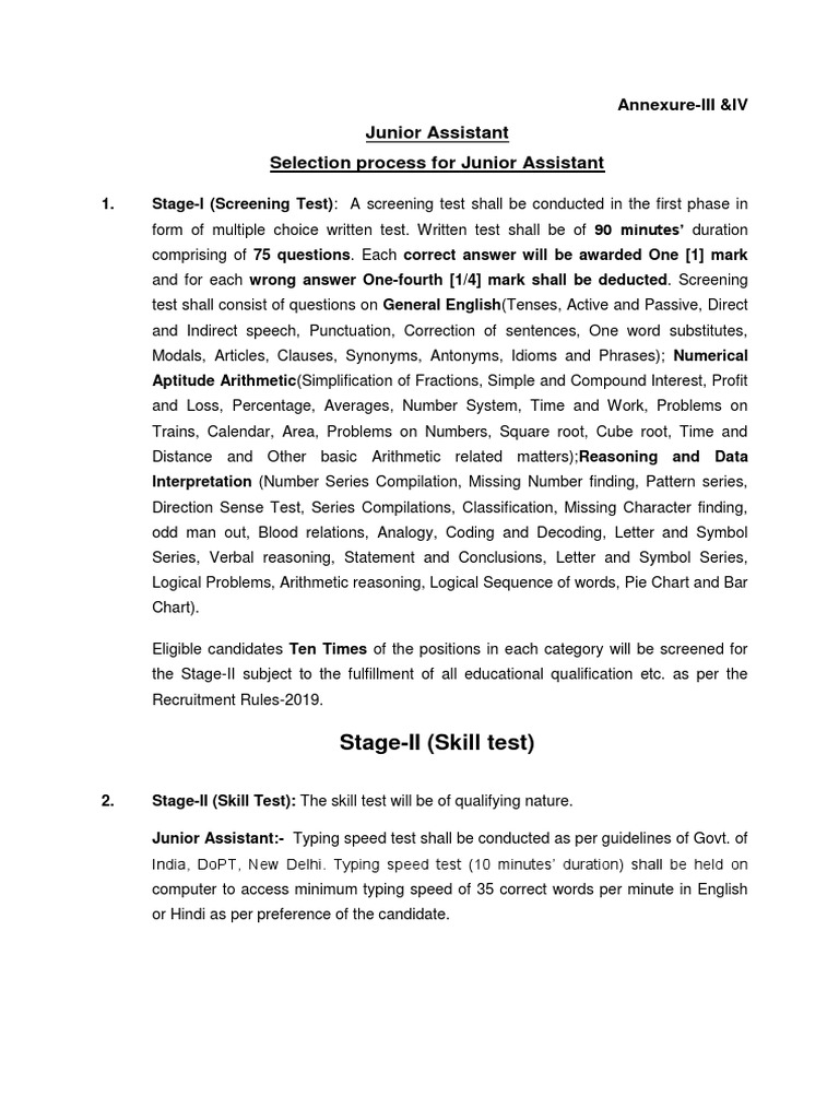 Junior Assistant Selection Process For Junior Assistant: Stage-II ...