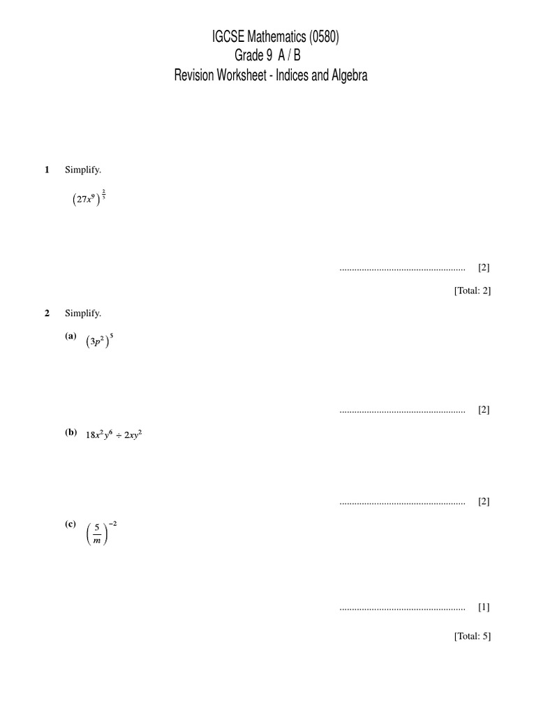 Grade 9 Indices and Algebra Worksheet | PDF | Factorization | Algebra
