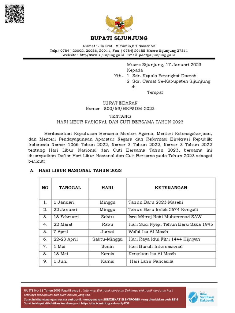 Se Libur Nasional Dan Cuti Bersama Tahun 2023 Pdf