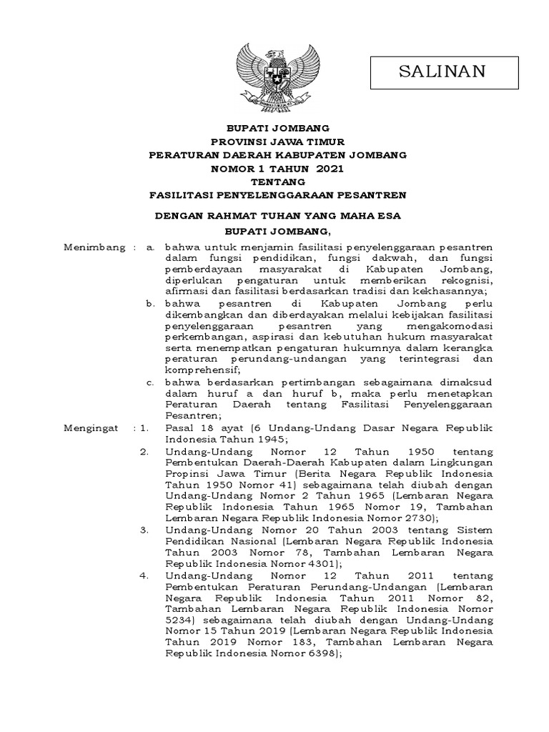 1 TH 2021 Perda Pesantren Terbaru | PDF