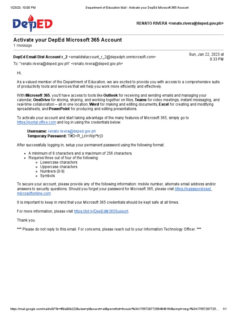 Department of Education Mail - Activate Your DepEd Microsoft 365 Account | PDF | Password ...