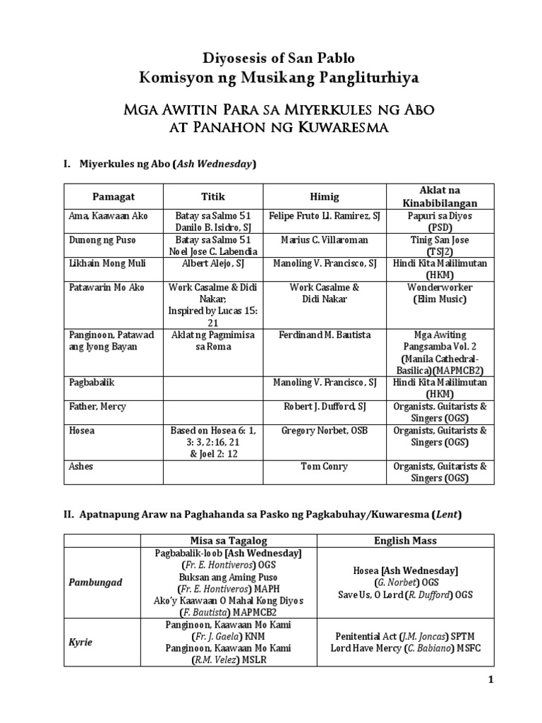 Mga Awitin (Ash Wednesday, Lent & Easter) | PDF
