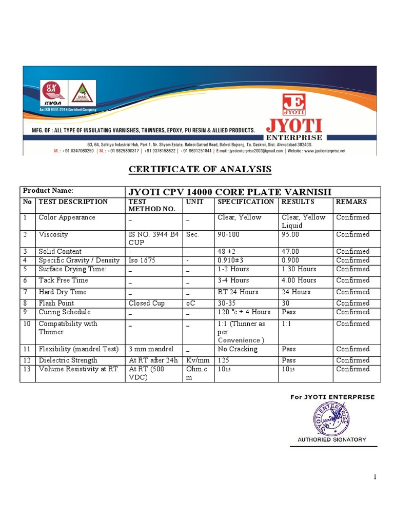 JYOTI CPV 14000 Varnish Analysis | PDF