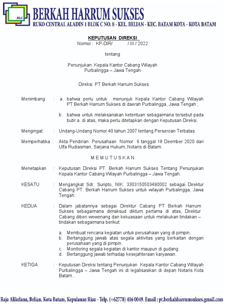 SURAT KEPUTUSAN Direktur Cabang | PDF