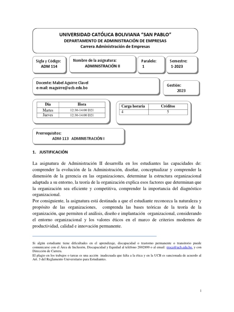 Plan - de - Asignatura - ADM-114 - UCB BOLIVIA | PDF | Diseño | Evaluación