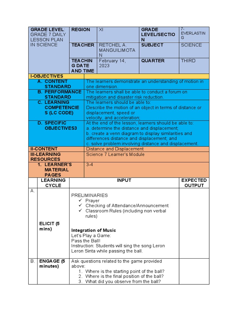 Distance vs. Displacement Lesson Plan | PDF | Distance | Learning