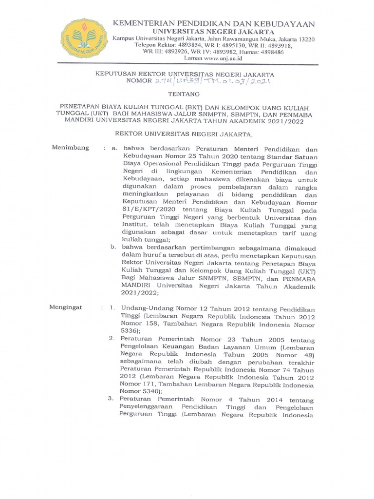 SK Rektor Penetapan BKT Dan UKT T.A. 2021 2022 Stamp 2 | PDF