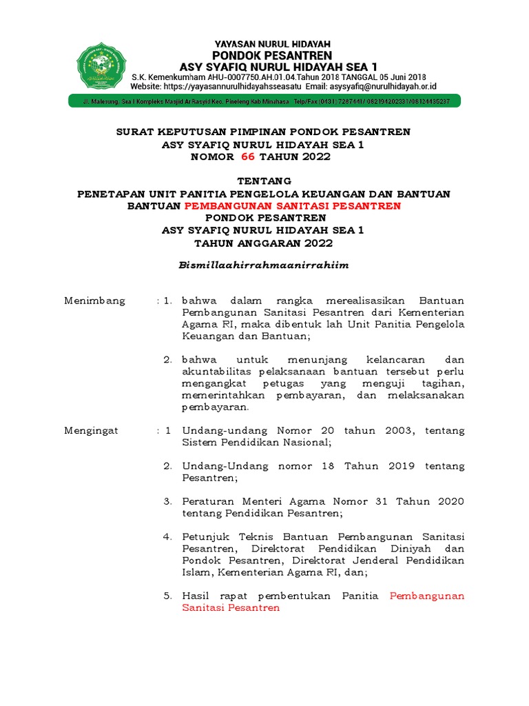 File Contoh SK Up2kb Pembangunan Sanitasi Pesantren | PDF
