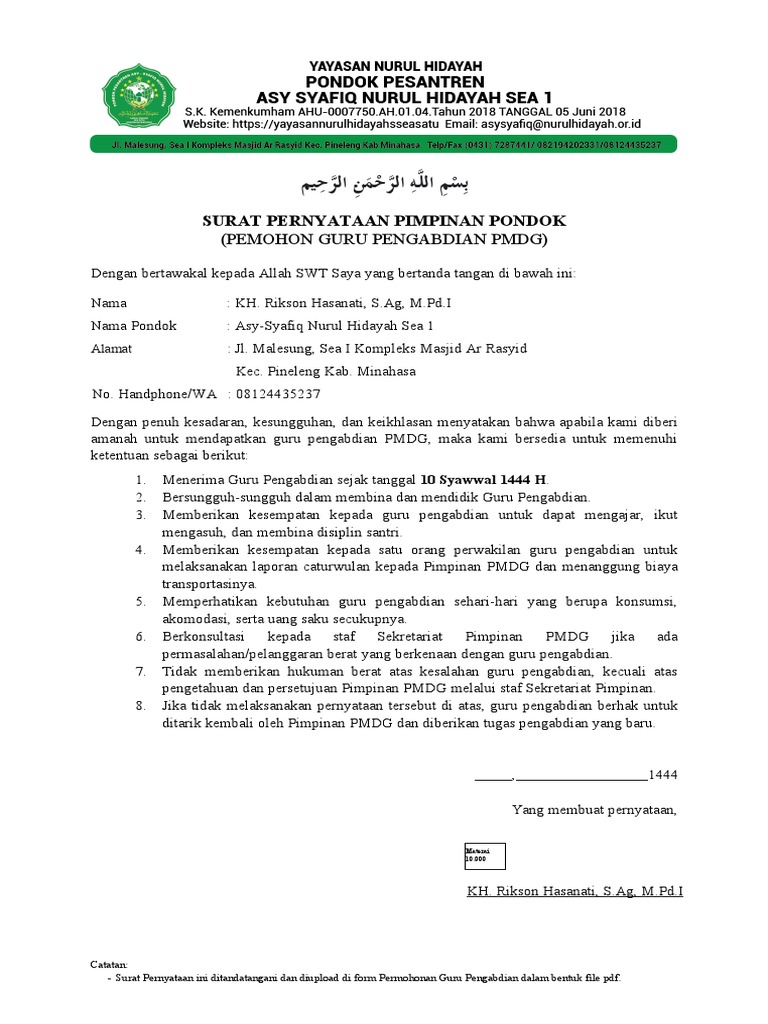 Surat Pernyataan Pimpinan Pondok FX | PDF