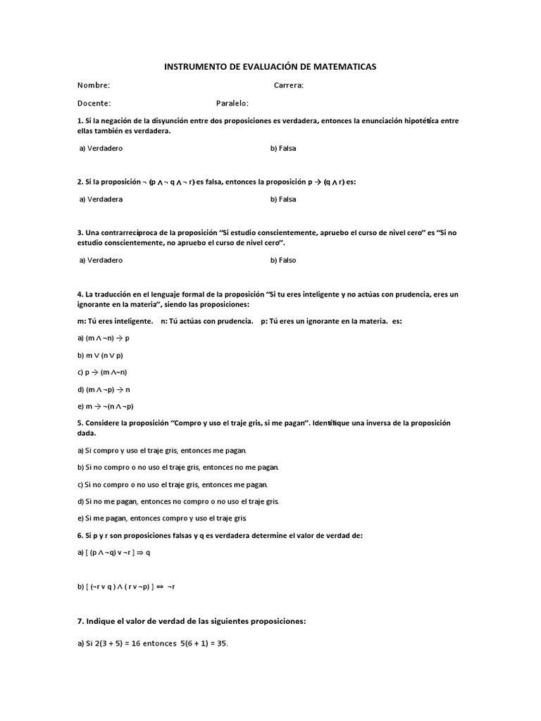 Evaluacion 1b Matematicas | PDF | Proposición | Metalogica