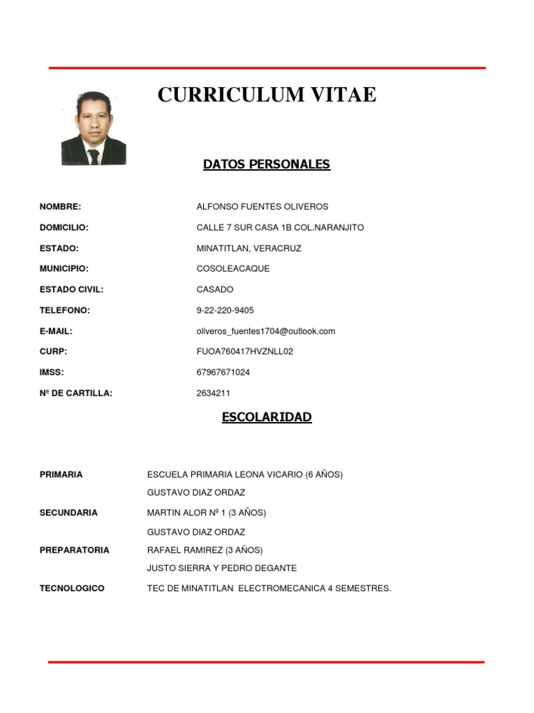 CV Tec Nivel 2 Alfonso Fuentes Oliveros | PDF | Procesos industriales ...