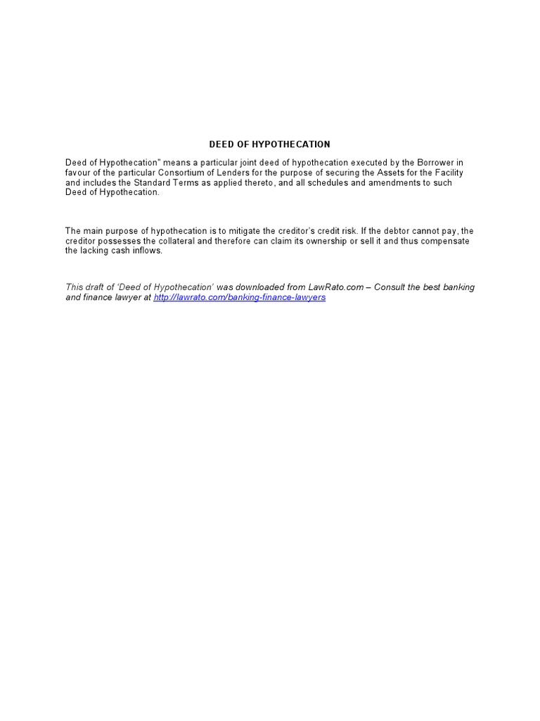 Deed of Hypothecation Template | PDF | Debt | Loans