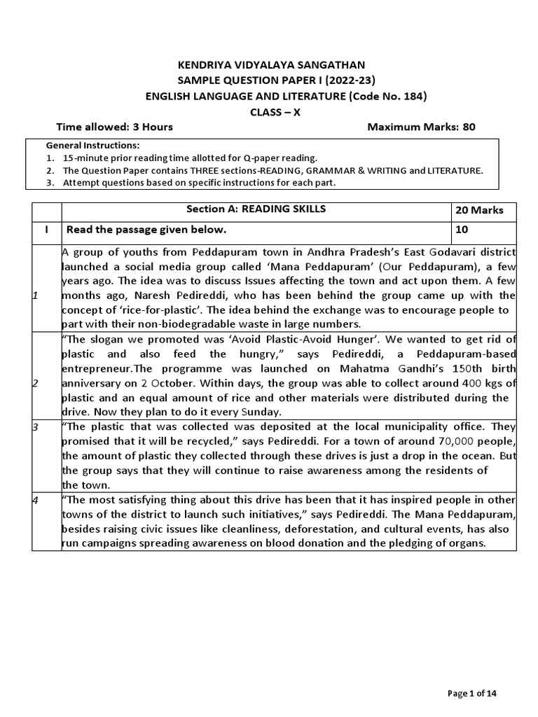 SAMPLE QUESTION PAPER, ENGLISH 10th, SET-1, 2022-23 | PDF | Poetry