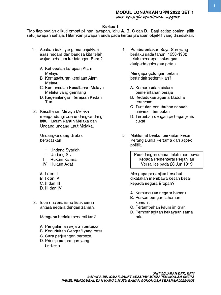 Set 1 Modul Lonjakan SPM 2022 Sejarah BPK | PDF