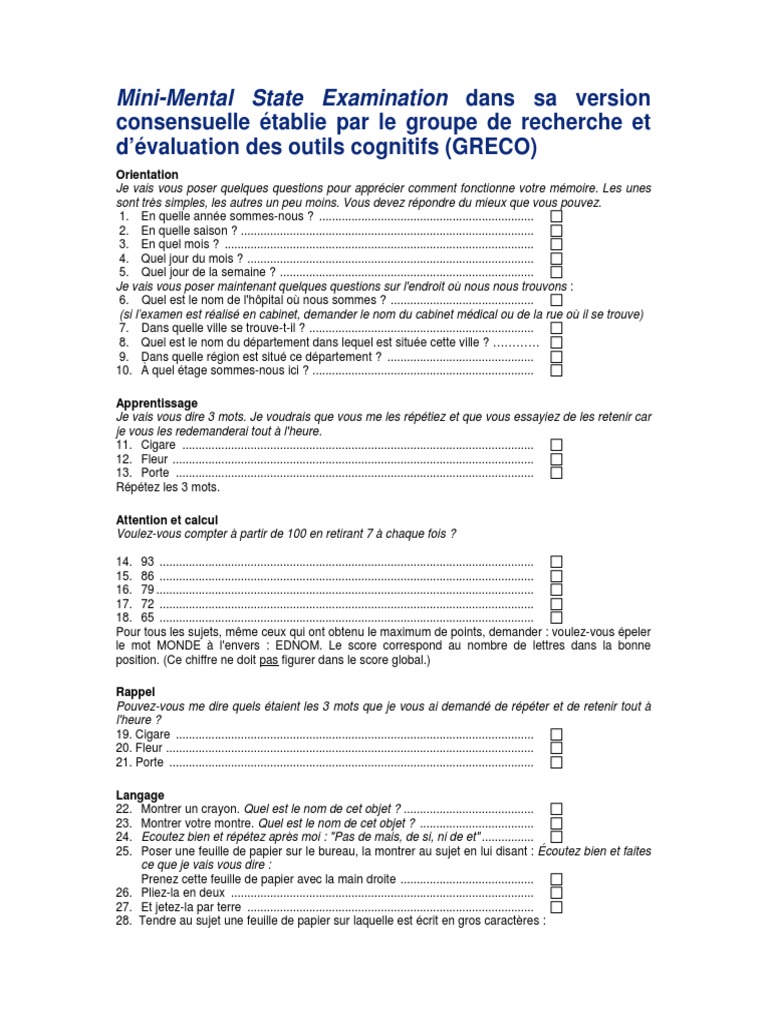 Test MMSE : Évaluation cognitive en français | PDF | Phrase