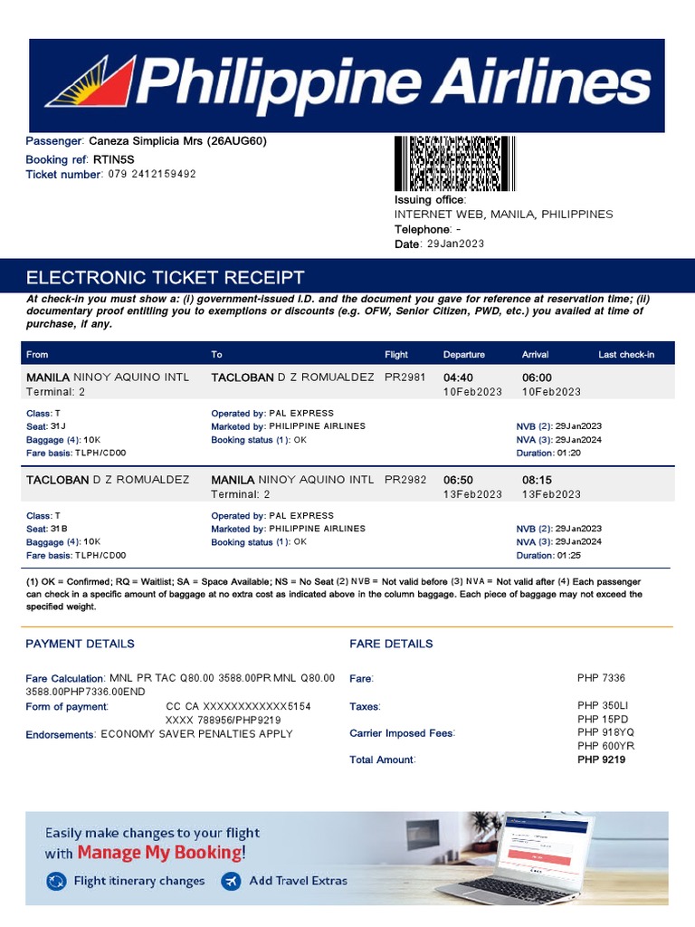 Electronic Ticket Receipt 10FEB For SIMPLICIA CANEZA | PDF | Transport