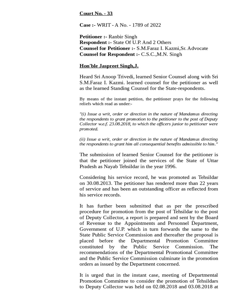 Ranbir Singh Vs State of Up and 2 Others Writ A No 1789 of 2022 ...