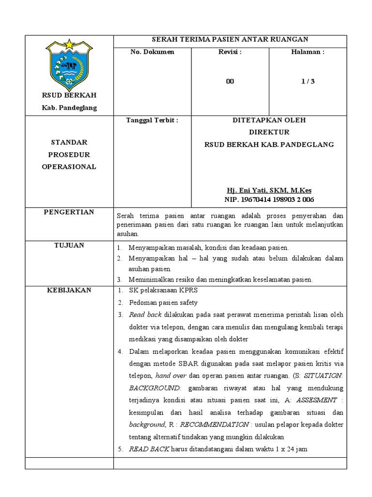 Serah Terima Pasien Antar Ruangan Pdf