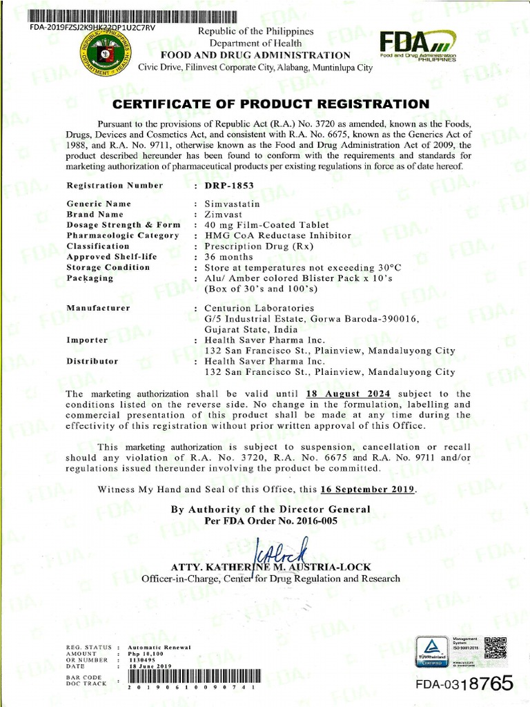 CPR Simvastatin 40mg Tab (ZIMVAST) | PDF