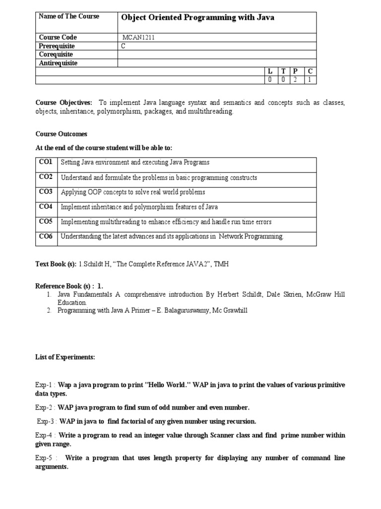 Java Lab Mca Syllabus Pdf Method Computer Programming Class Computer Programming 2037