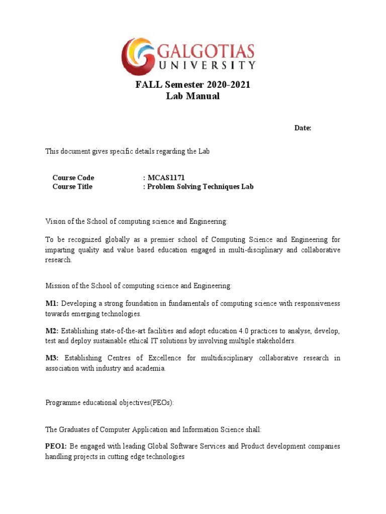 Problem Solving Techniques Lab Manual-1 | PDF | Engineering | Computer Program