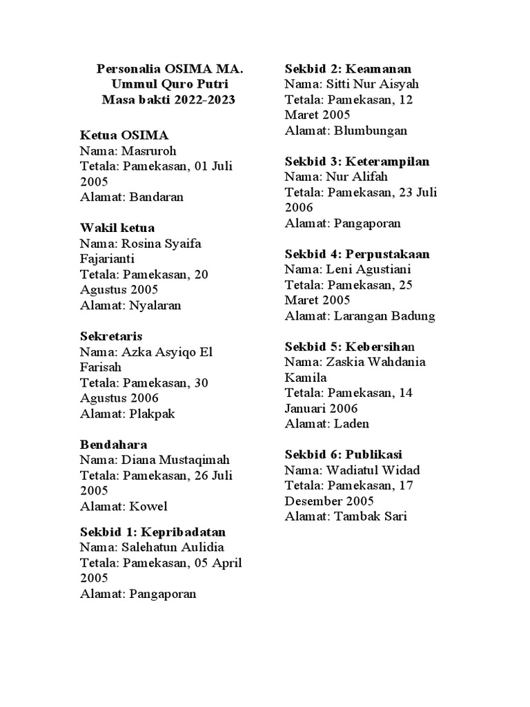 Biodata Osima 2022-2023 | PDF