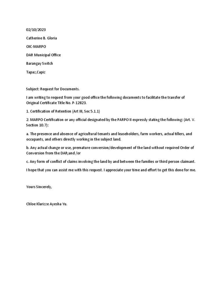 Request for Certification of Retention and MARPO Certification to Facilitate Land Title Transfer ...