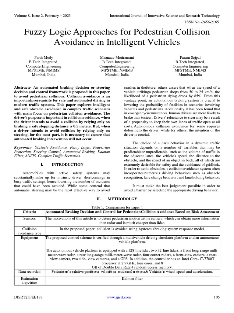 Fuzzy Logic Approaches for Pedestrian Collision Avoidance in Intelligent Vehicles | PDF ...