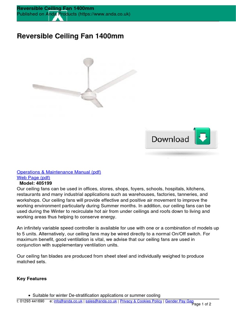 Reversible Ceiling Fan 1400mm - Anda Products | PDF | Home Appliance ...