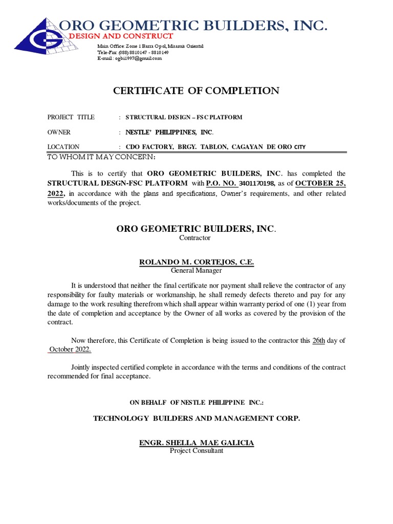 Certificate Of Acceptance Of Work Completed Certificate Of Completion