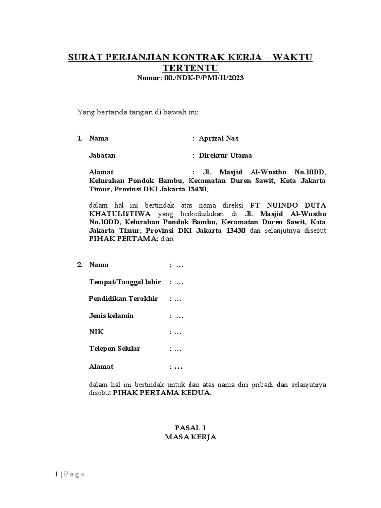 Surat Perjanjian Kontrak Kerja - Waktu Tertentu | PDF