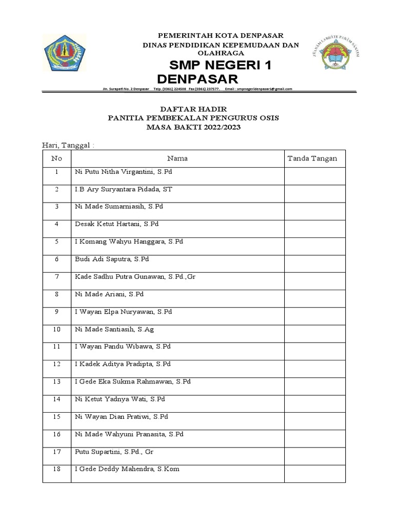 Daftar Hadir Panitia Pembekalan Osis Rapat Koordinasi | PDF