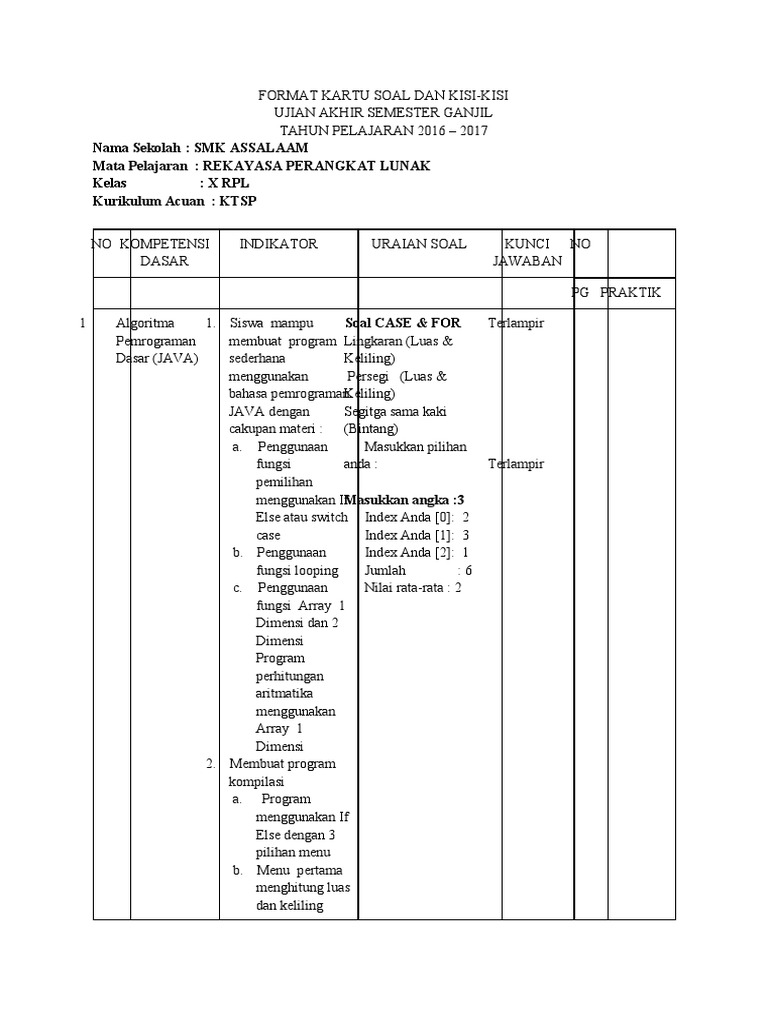 Kisi Uas Praktek Ganjil Kelas X | PDF