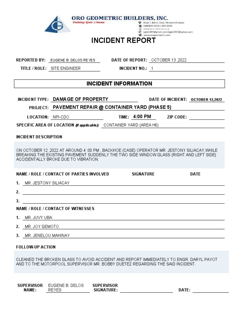 Incident Report (Backhoe) | PDF