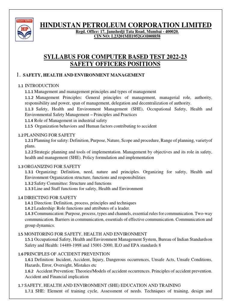 Syllabus For Safety Officer 30082022 | PDF | Occupational Safety And ...