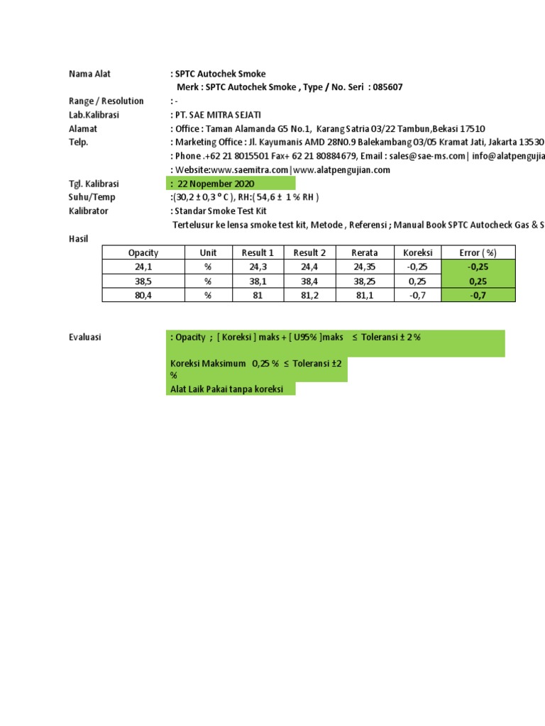 SPTC Autochek Smoke Calibration Report | PDF | Computers