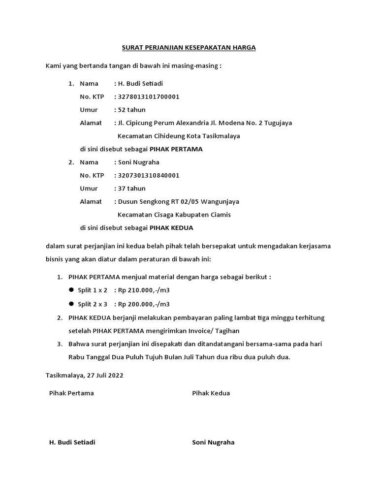 Surat Perjanjian Kesepakatan Harga Material Tambang | PDF