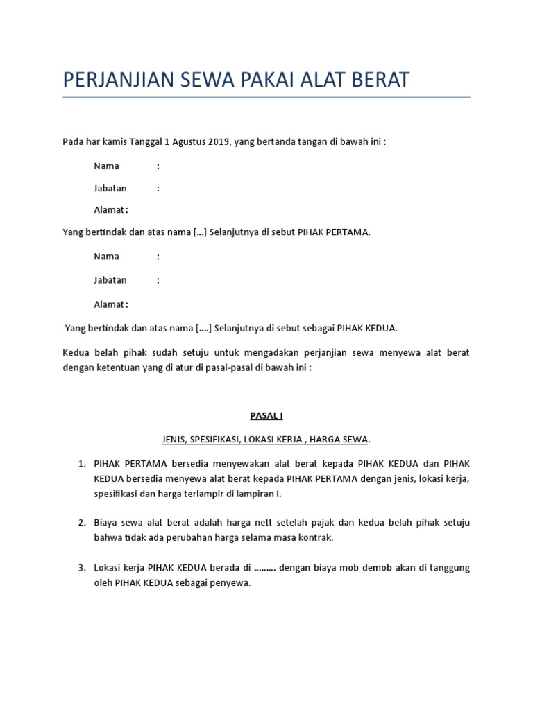 Surat Perjanjian Sewa Pakai Alat Berat Tja | PDF