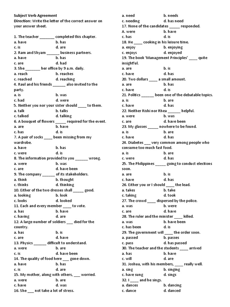 Subject-Verb Agreement MCQ Test | PDF