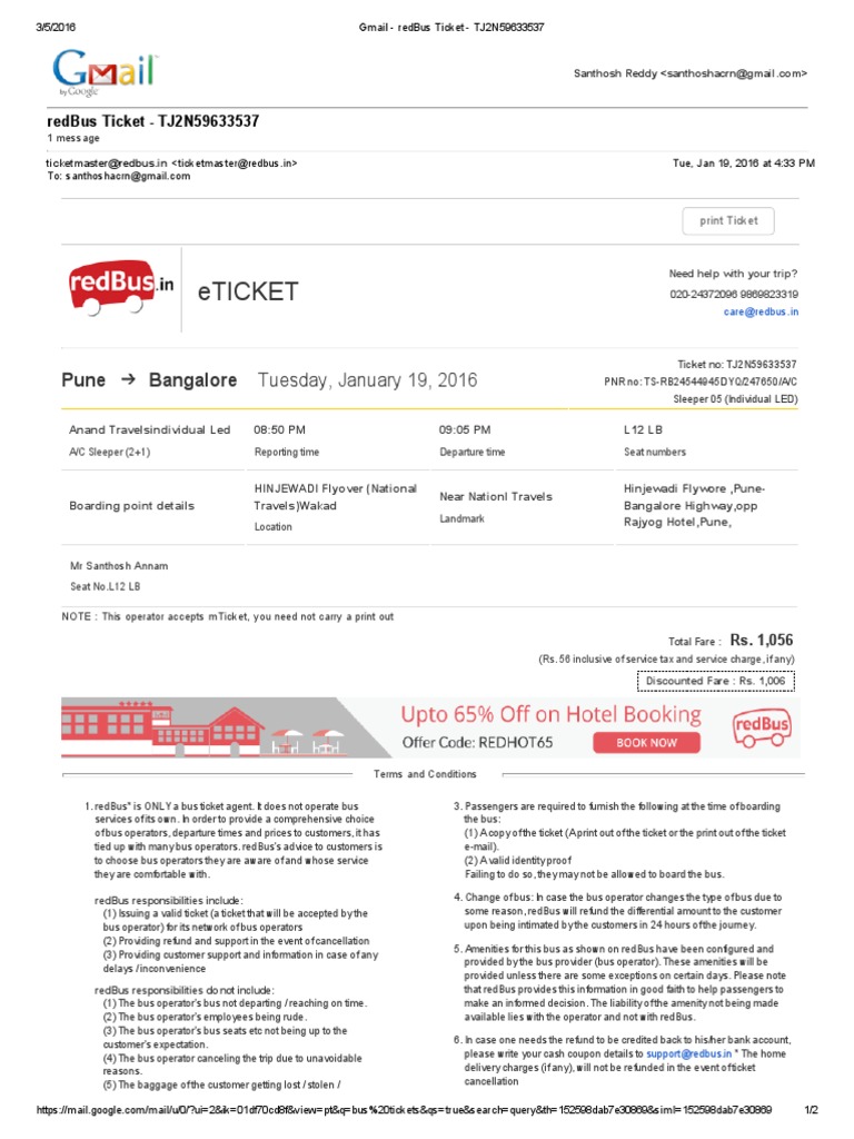 Redbus Ticket - TJ2N59633537 | PDF | Ticket (Admission) | Bus