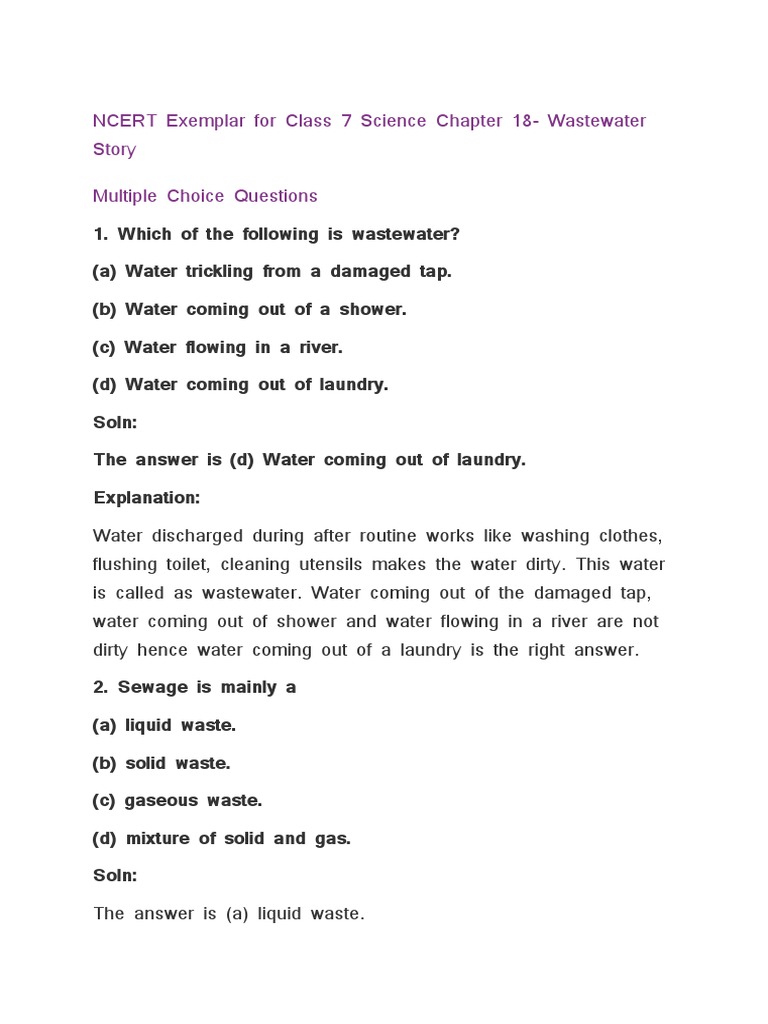 Class 7 Wastewater Story MCQs & Answers | PDF | Sewage Treatment | Sewage