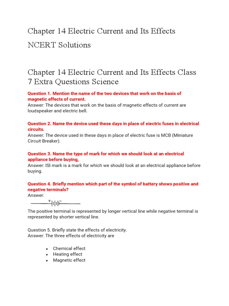 Chapter 14 Electric Current and Its Effects Class 7 Extra Questions Science | PDF | Inductor | Wire