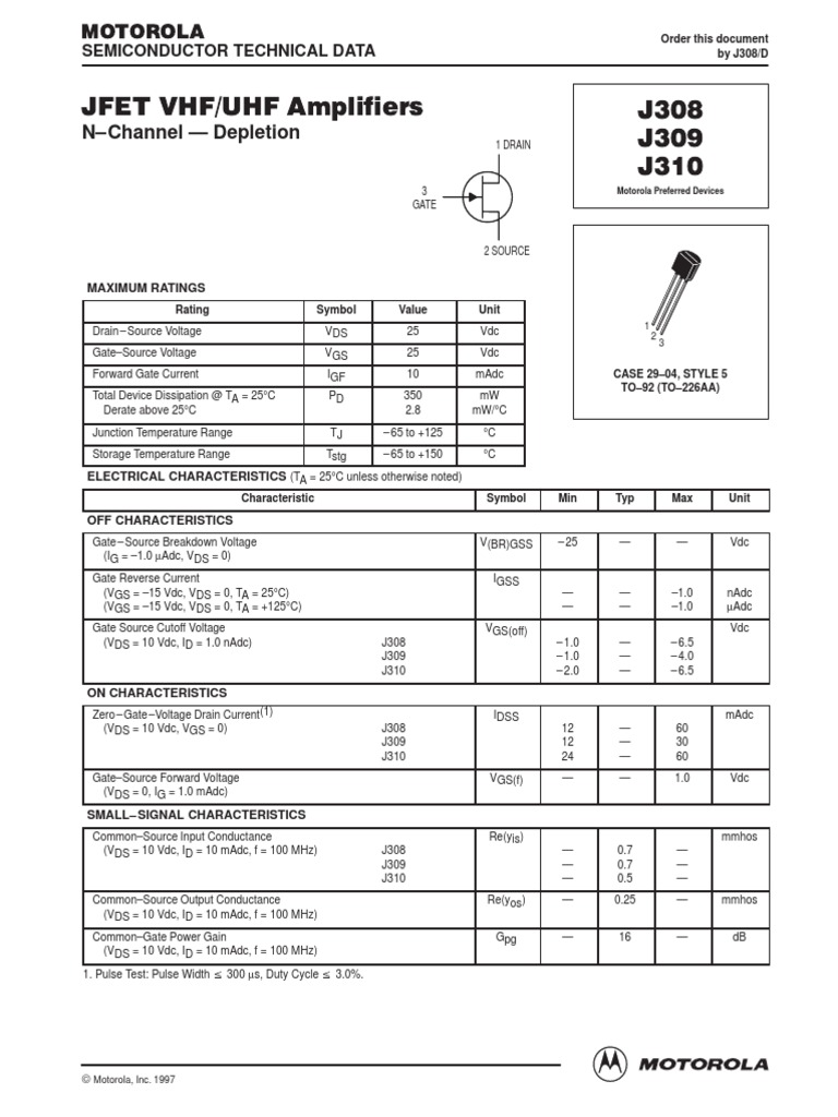 JFET VHF/UHF Amplifiers J308 J309 J310: N-Channel - Depletion | PDF ...