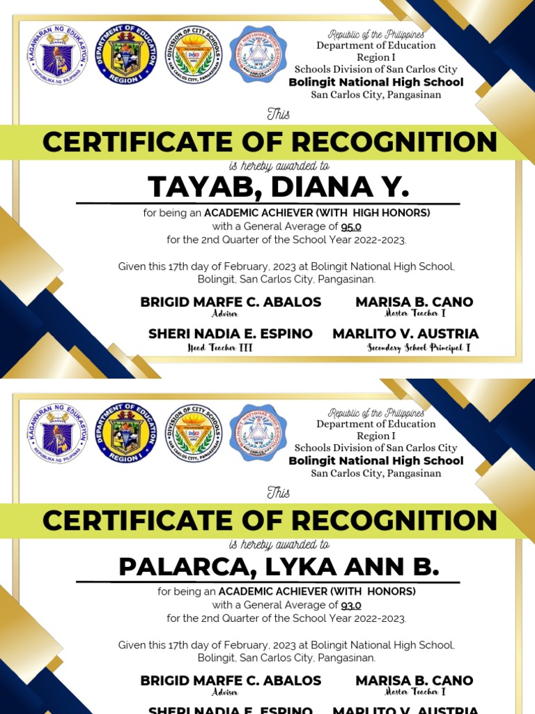 Second Quarter Achievers Certificate Final | PDF